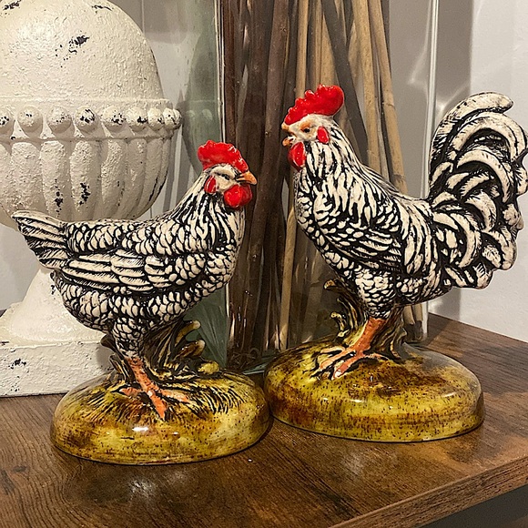 Hand Painted Italian Rooster & Hen Figurines